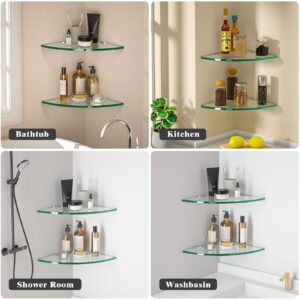 Corner Glass Shower Caddy 2 Pack 8MM-Thick Tempered Glass Shelf No Drilling Wall Mount Corner Mounted Shelves Space Saver Adhesive Bathroom Home Shelf Shampoo Holder Organizer Strong Adhesion