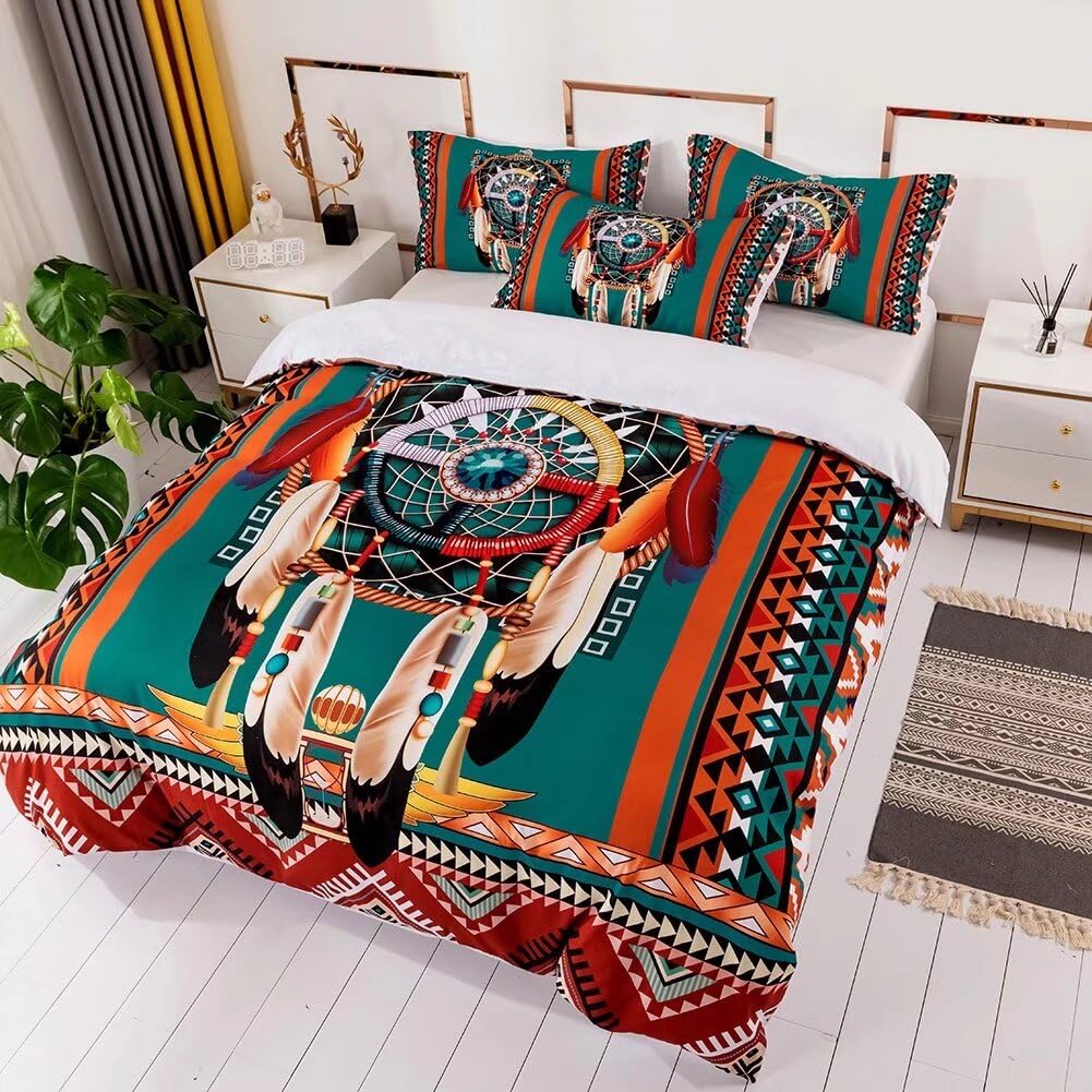 Purefair Colorful Dream Catcher Duvet Cover Set Queen, Boho Bohemian Style 3D Feathers Diamond Bedding Mandala Native American Ethnic Tribal 3PCS Soft Lightweight Quilt Cover Set(No Comforter)