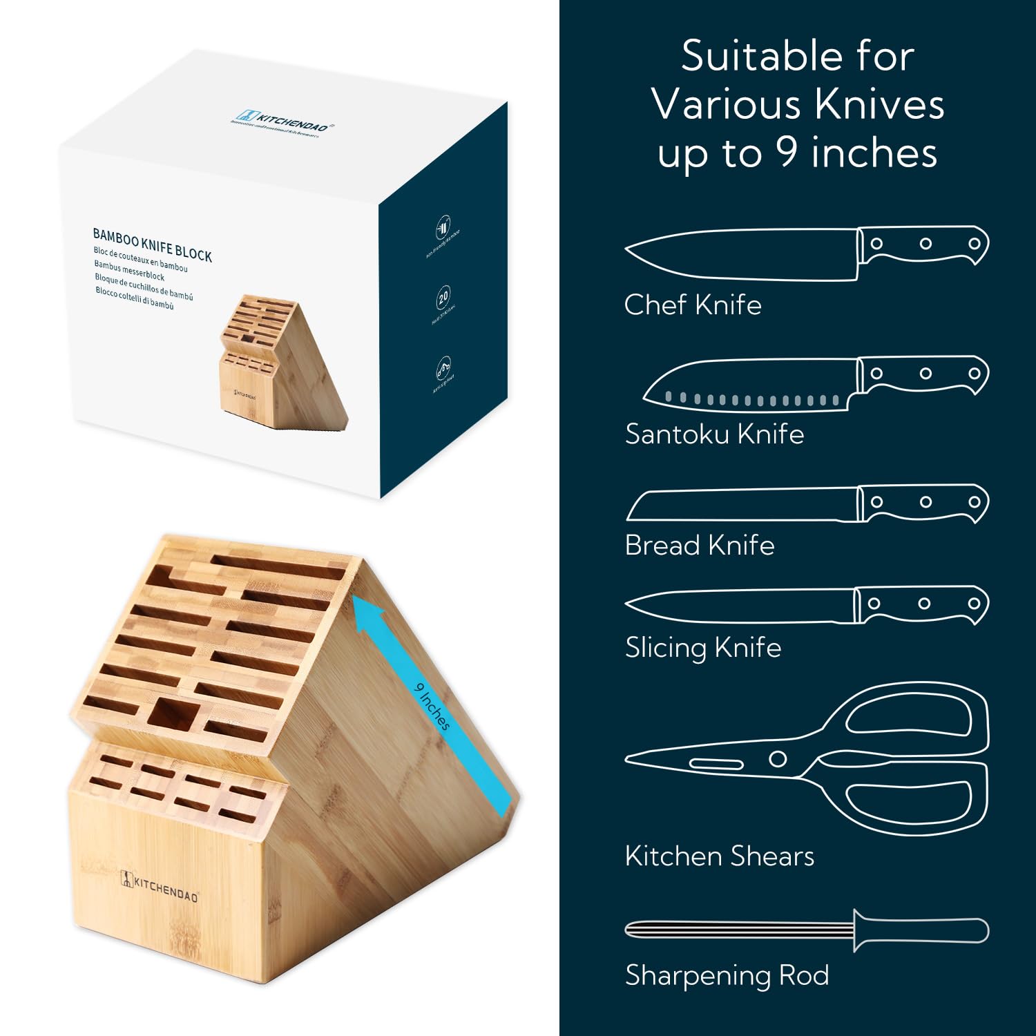 KITCHENDAO Deluxe 20 Slot Bamboo Knife Block Holder without Knives, Countertop Butcher Block Kitchen Knife Stand, Hold Multiple Large Blade Knives, Wider Slots for Easier Storage