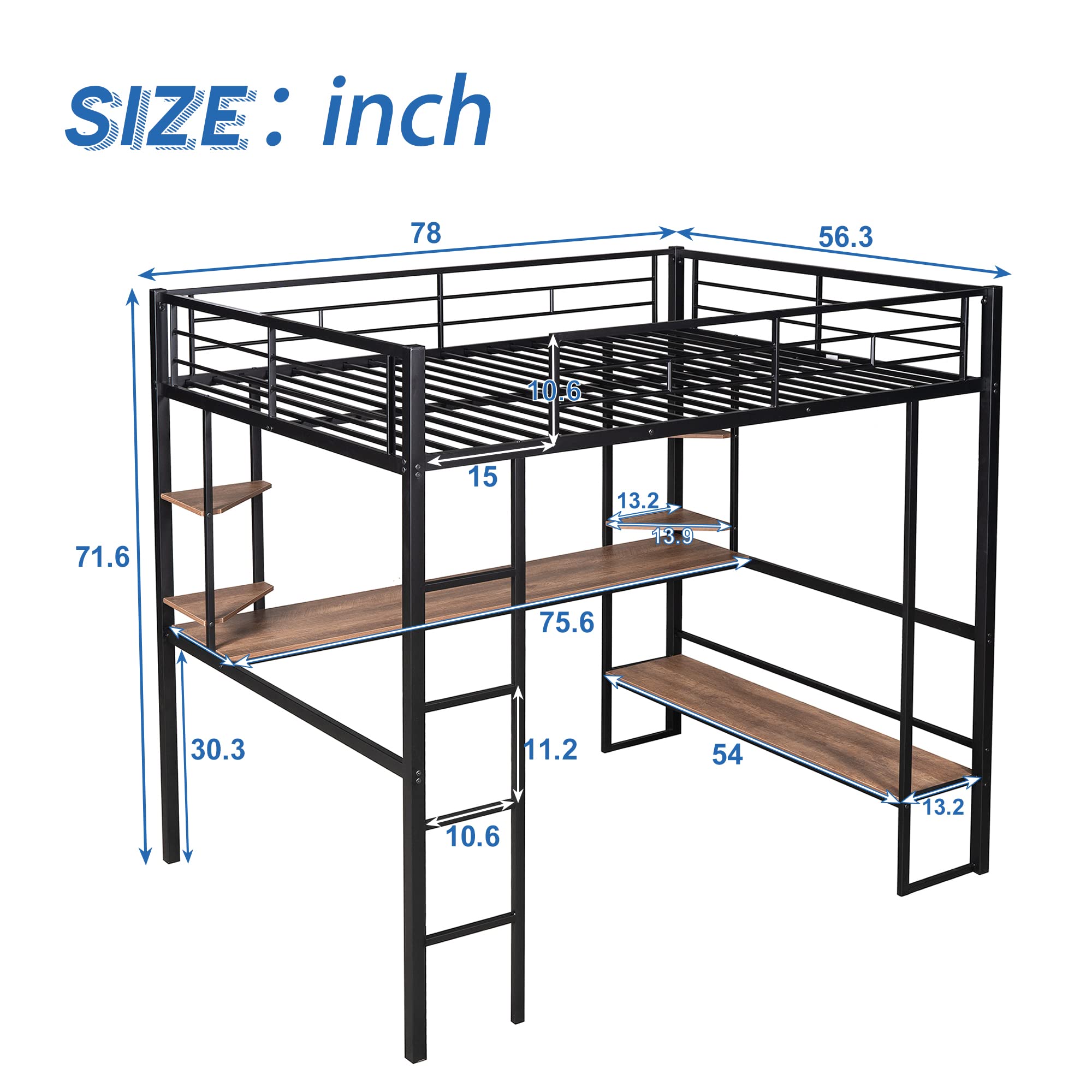 SOFTSEA Full Loft Bed with Desk and Storage Shelves High Metal Loft Bunk Bed with Ladder, No Box Spring Needed