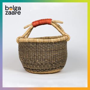 Bolga Zaare Market Basket, Handmade in Ghana by Women Artisans, Natural + Midnight Color, LARGE, 16"-18" Diameter x 9"-10" H, RED HANDLE (1 basket)