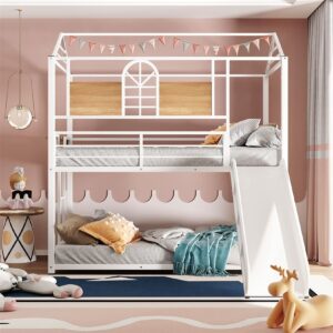 Harper & Bright Designs Bunk Bed with Slide, House Bunk Beds Metal Frame Twin Over Twin Bunk Bed for Kids Toddlers Girls Boys, White