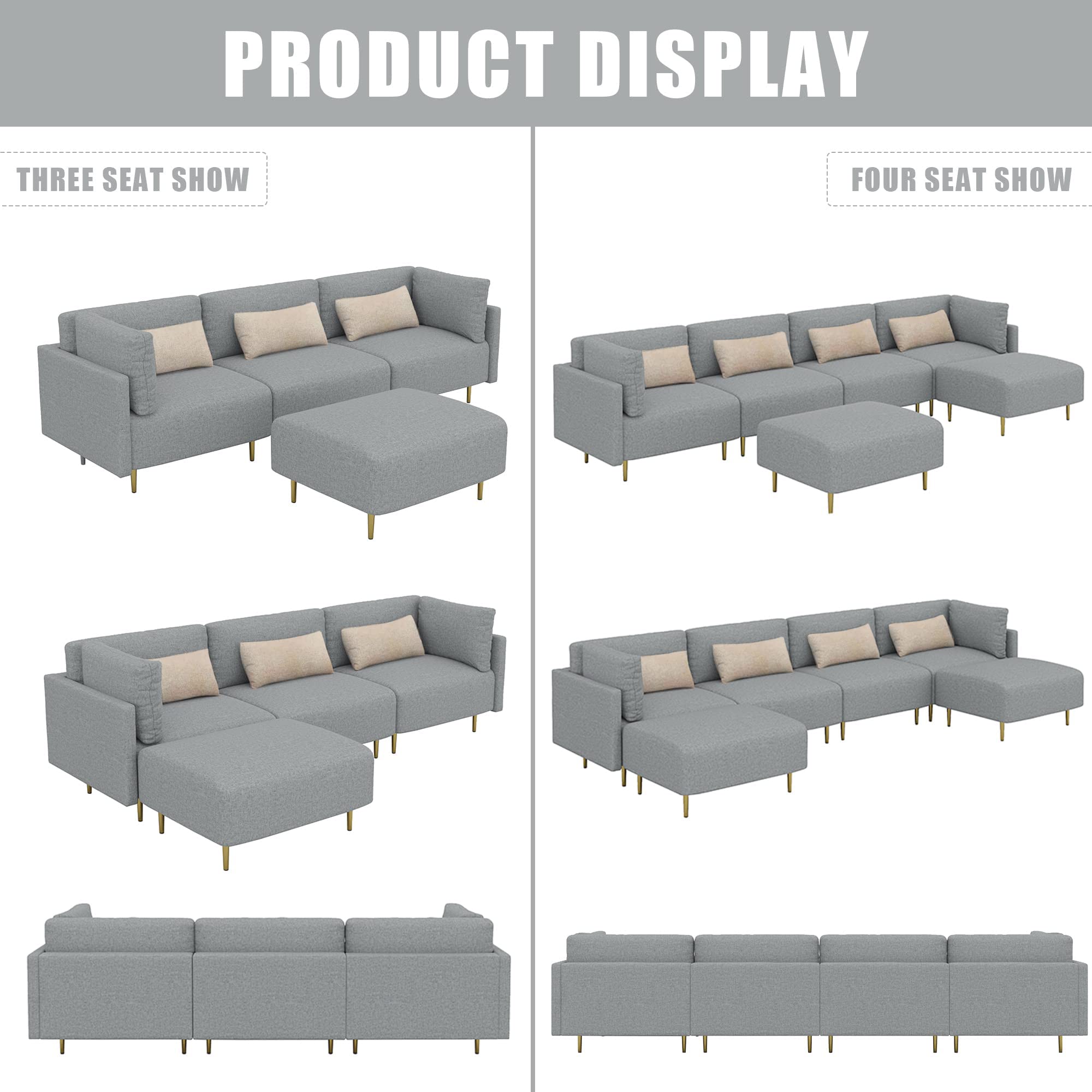 MGH Sectional Sofa Couch, Luxury Contemporary U-Shape Sofa Set,Linen Fabric 4-Seat and 2 Ottoman Living Room Couch Chaise Living Room Furniture Sets,Grey