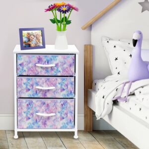 Sorbus Nightstand Storage Organizer with 3 Drawers - Kids Girls, Boys Bedroom Furniture Storage Chest for Clothes, Closet Organization - Steel Frame, Wood Top, Tie-dye Fabric Bin (Blue/Pink/Purple)