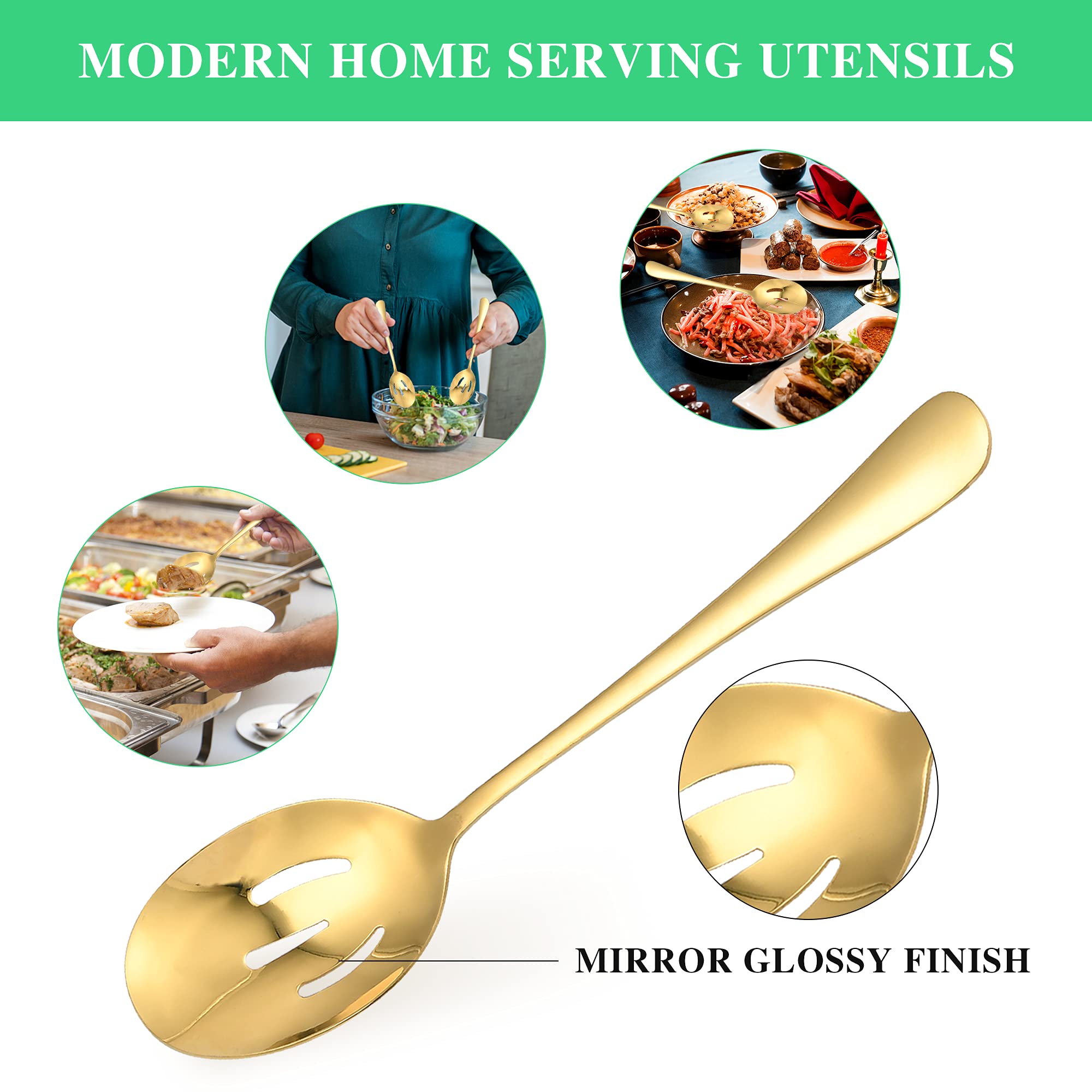 Worldity 10 Pieces Gold Serving Utensils, Stainless Steel Gold Serving Spoons, Slotted Spoons, Forks, Serving Tongs, Serving Utensils Set for Parties, Home, Restaurant, Dishwasher Safe