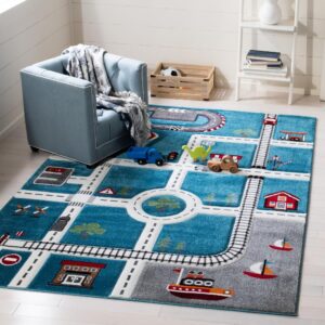 safavieh carousel kids collection area rug - 6'7" x 9', turquoise & ivory, non-shedding & easy care, ideal for high traffic areas for boys & girls in playroom, nursery, bedroom (crk192k)