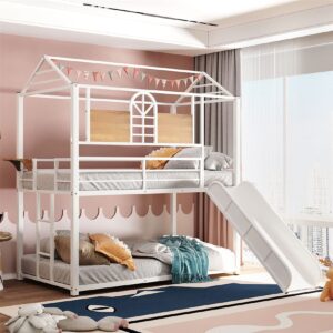 harper & bright designs bunk bed with slide, house bunk beds metal frame twin over twin bunk bed for kids toddlers girls boys, white