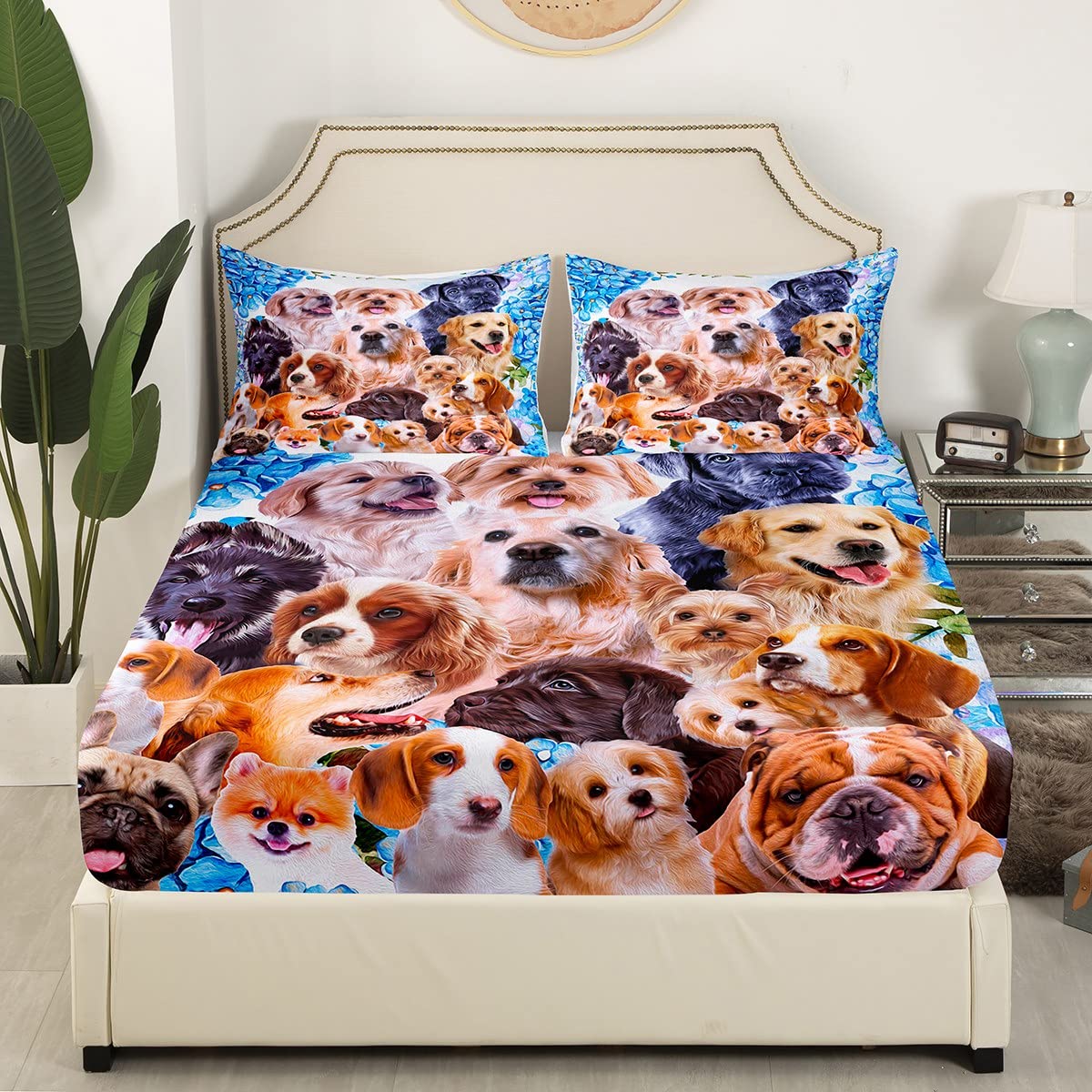 Cute Puppy Dog Bedding Fitted Sheet Cartoon Pet Pug Dog Bulldog Bed Sheet Set Kids Boys Girls Dog Lover Animal Design Bedding Sheets Various Puppy Bed Cover Bedroom Collection 4Pcs Bedding Full