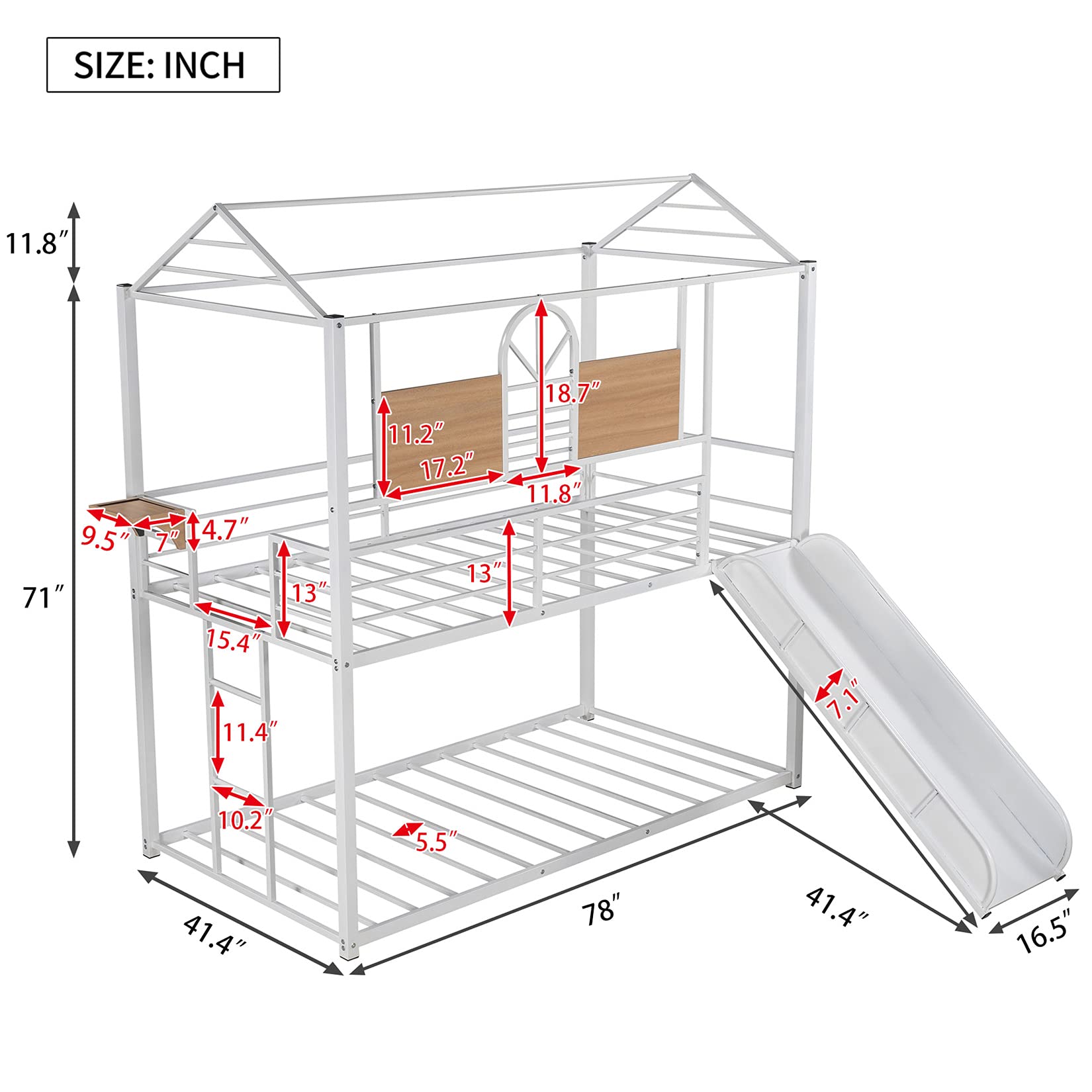 Harper & Bright Designs Bunk Bed with Slide, House Bunk Beds Metal Frame Twin Over Twin Bunk Bed for Kids Toddlers Girls Boys, White