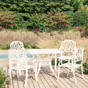 vidaXL 5 Piece Bistro Set - Outdoor Cast Aluminum Patio Furniture with Umbrella Hole - Weather-Resistant, Durable and Comfortable - White