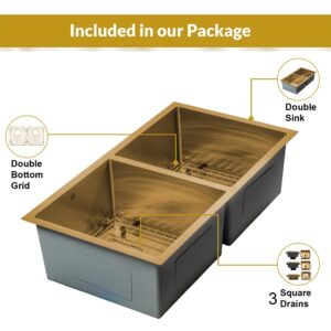 Strictly Sinks 32 Inch Undermount Kitchen Sink - 16 Guage 50/50 Double Bowl Kitchen Sink - Stain & Rust Resistant Gold Kitchen Sink with Bottom Grid, 1 Disposal Adapter & 2 Strainer Drains