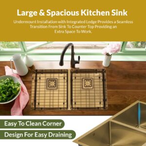 Strictly Sinks 32 Inch Undermount Kitchen Sink - 16 Guage 50/50 Double Bowl Kitchen Sink - Stain & Rust Resistant Gold Kitchen Sink with Bottom Grid, 1 Disposal Adapter & 2 Strainer Drains