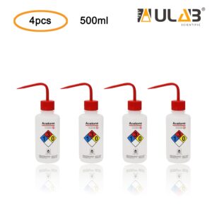 ULAB Safety Wash Bottles, 4pcs of Acetone Wide-Mouth Wash Bottles, LDPE Material, Vol.500ml, UWB1022