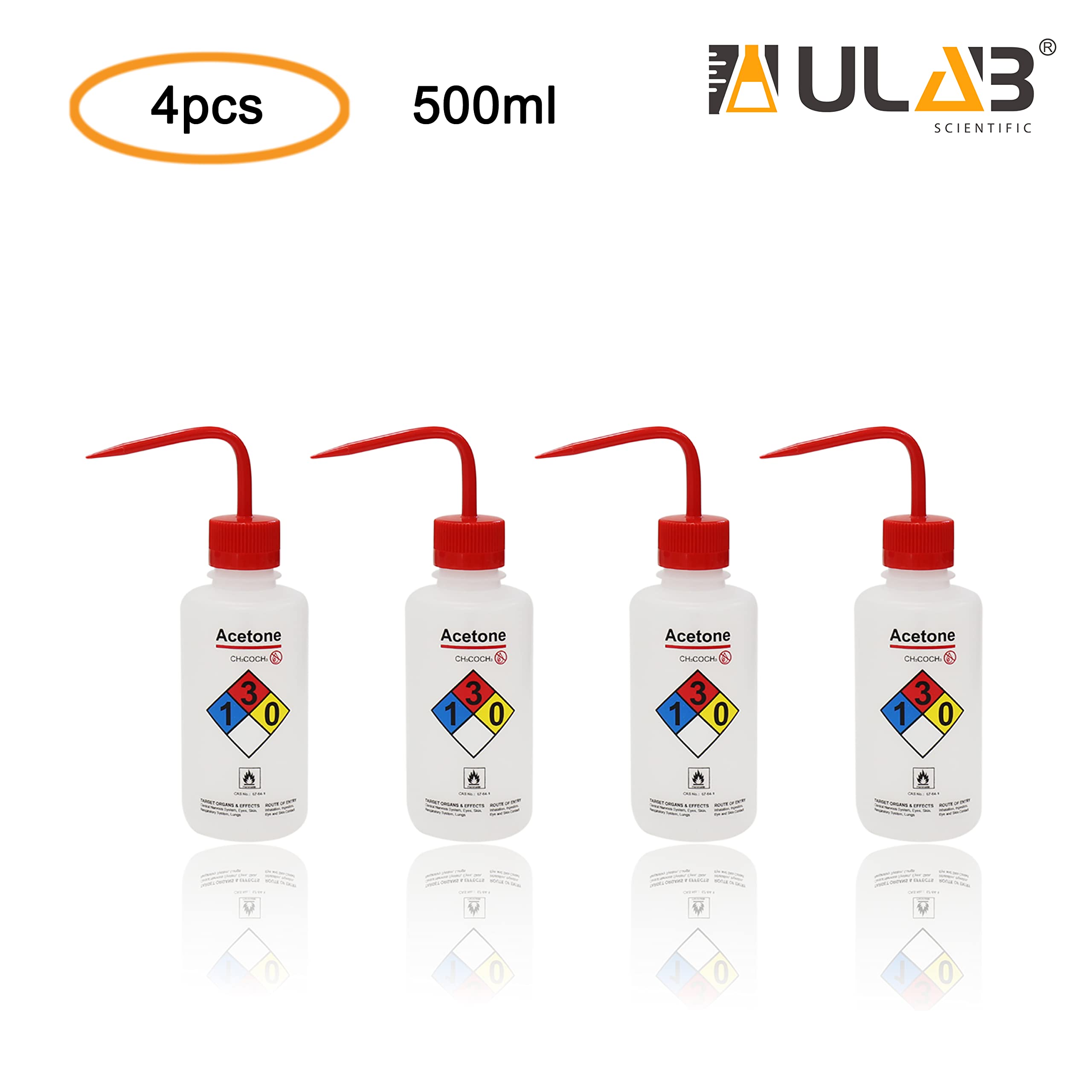 ULAB Safety Wash Bottles, 4pcs of Acetone Wide-Mouth Wash Bottles, LDPE Material, Vol.500ml, UWB1022