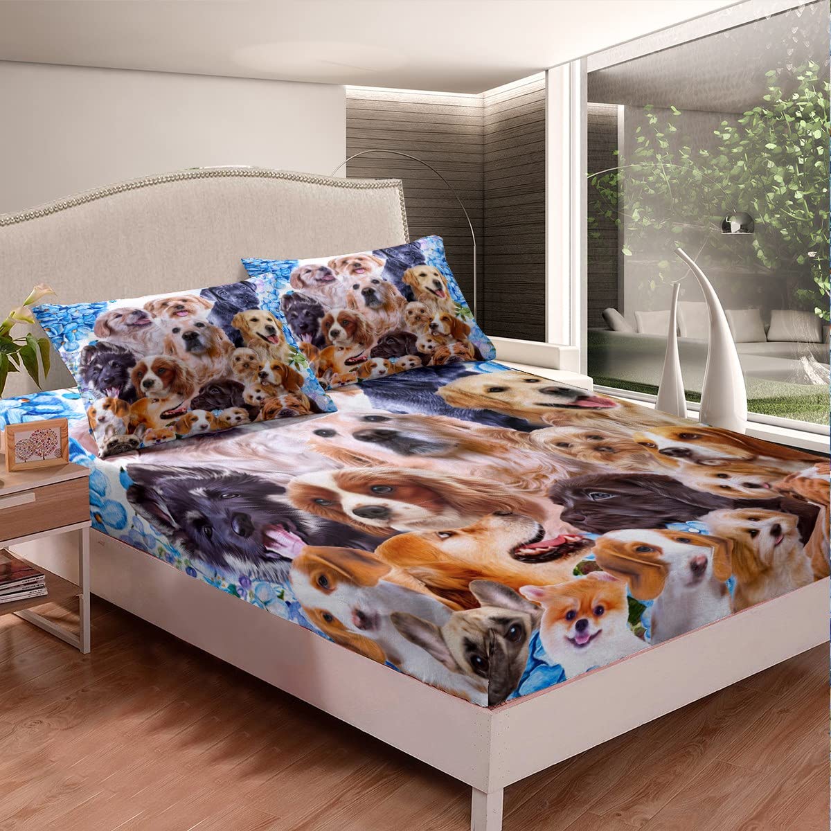 Cute Puppy Dog Bedding Fitted Sheet Cartoon Pet Pug Dog Bulldog Bed Sheet Set Kids Boys Girls Dog Lover Animal Design Bedding Sheets Various Puppy Bed Cover Bedroom Collection 4Pcs Bedding Full