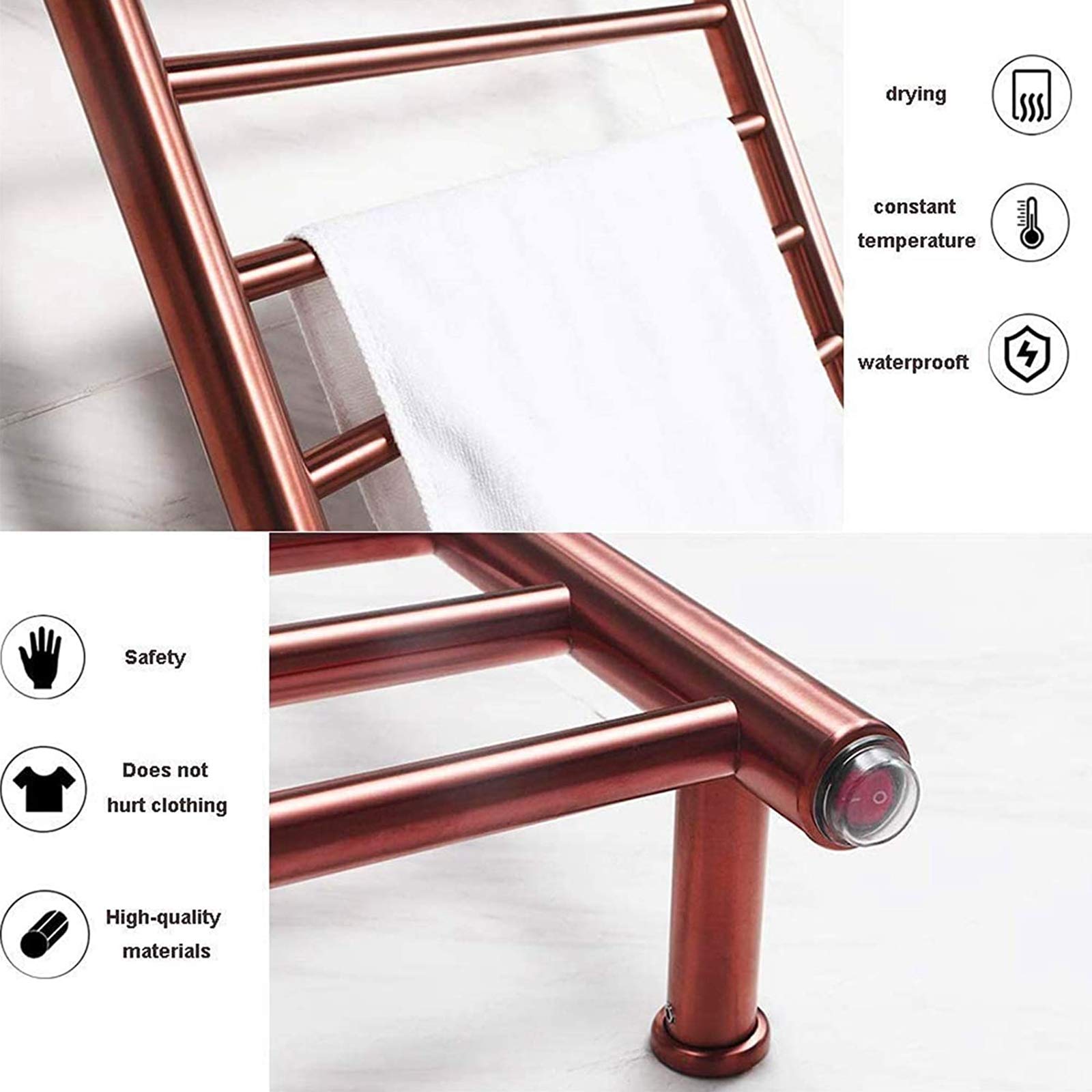 Towel Warmer Drying Rack Rose Gold for Bathroom, Wall Mounted Electric Heated Towel Drying Rack with 10-Bars, Stainless Steel Electric Heated Towel Rail Radiator, Hardwired