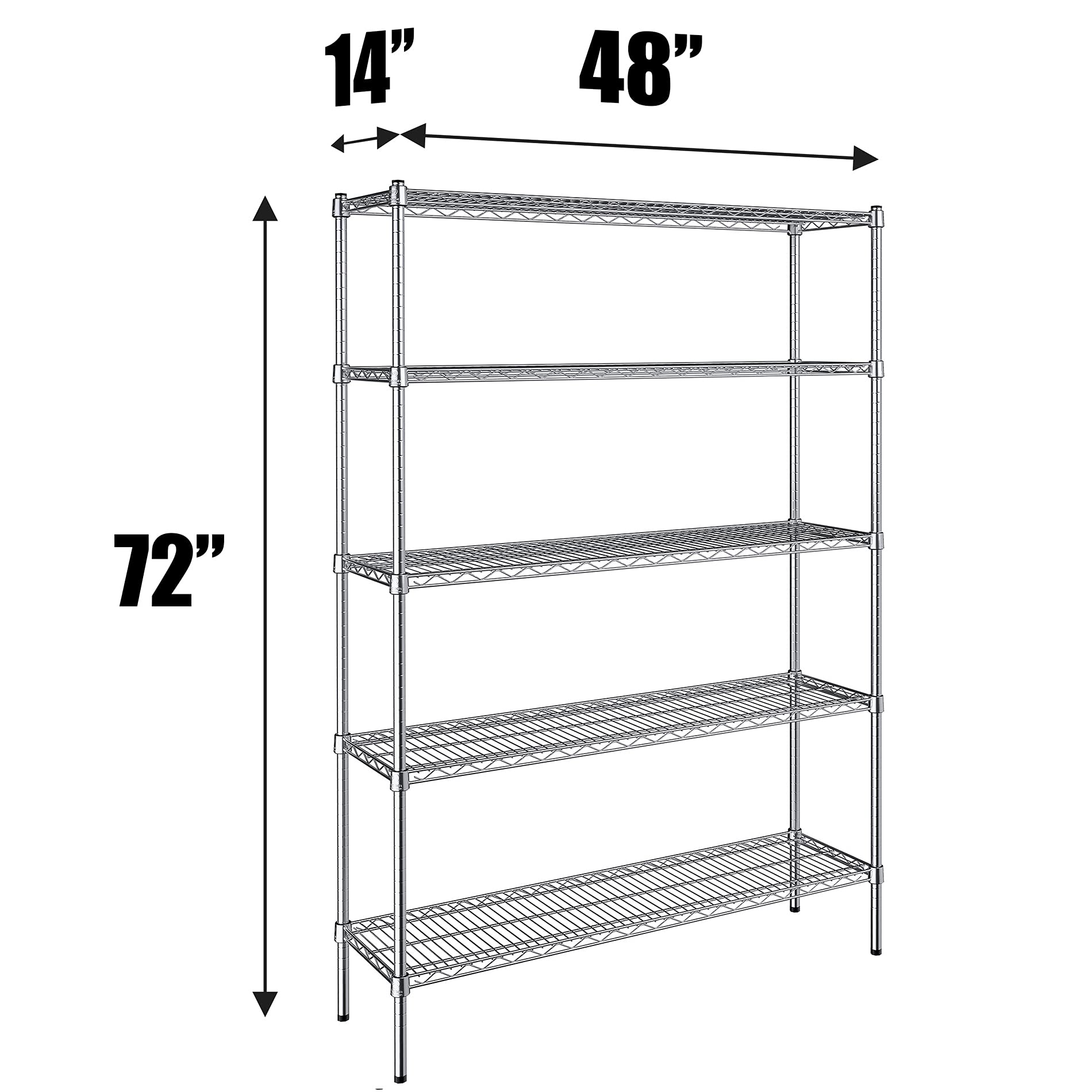 14'' Deep x 48'' Wide x 72'' High 5 Tier Chrome Wire Shelving Unit | NSF Commercial Storage Rack Kit