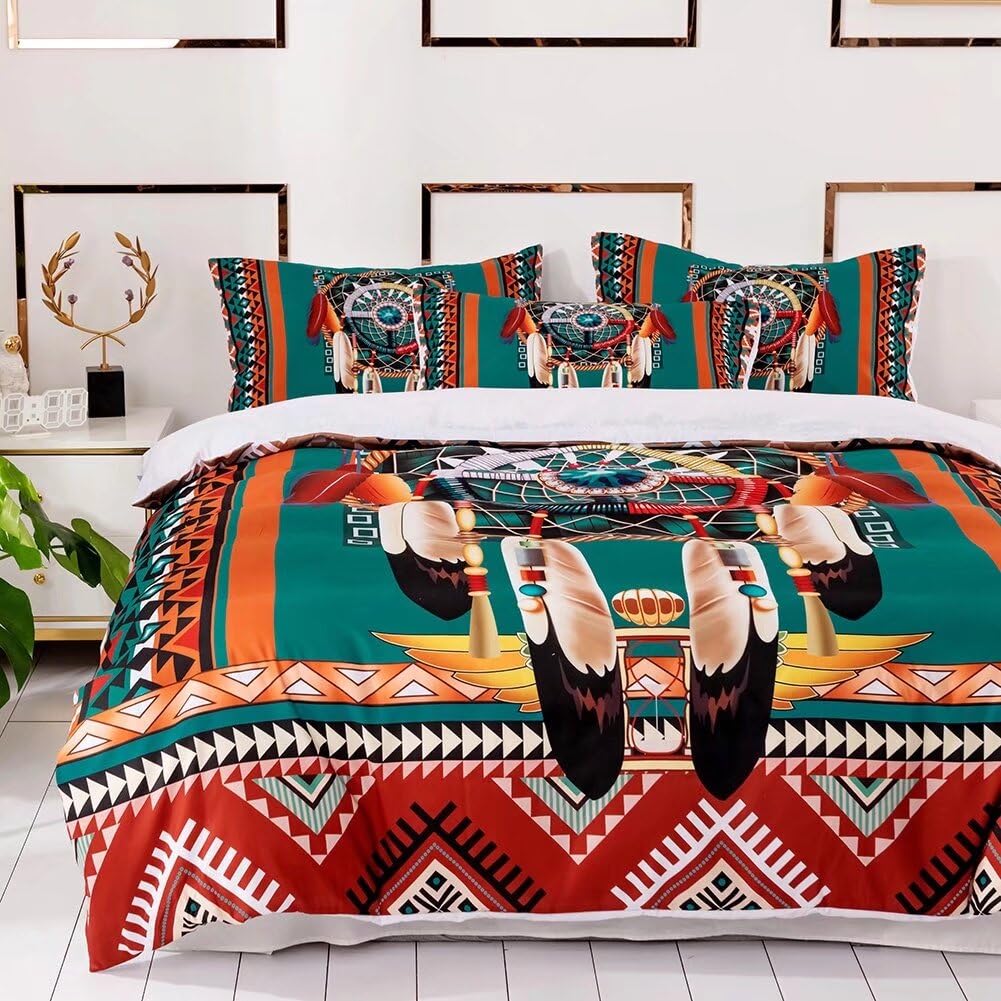 Purefair Colorful Dream Catcher Duvet Cover Set Queen, Boho Bohemian Style 3D Feathers Diamond Bedding Mandala Native American Ethnic Tribal 3PCS Soft Lightweight Quilt Cover Set(No Comforter)