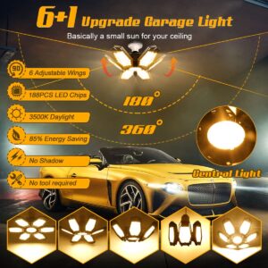 2 Pack led Garage Light 120W Warm Light Garage Lighting Ceiling fixtures led Basement Light 3000k deformable Garage Lighting Screw in 12000LM LED Shop Light Bulb for Basement Workshop Warehouse Barn