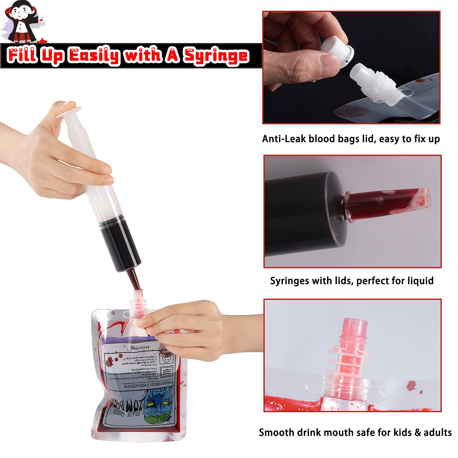 Halloween Blood Bags Party Supplies - 40PCS Blood Bags for Drinks 30 Reusable Drink Pouches+5 Syringes+5PCS Bloody Tattoos, Blood Bags for Vampire Zombie Costumes Halloween Party Favors Decorations