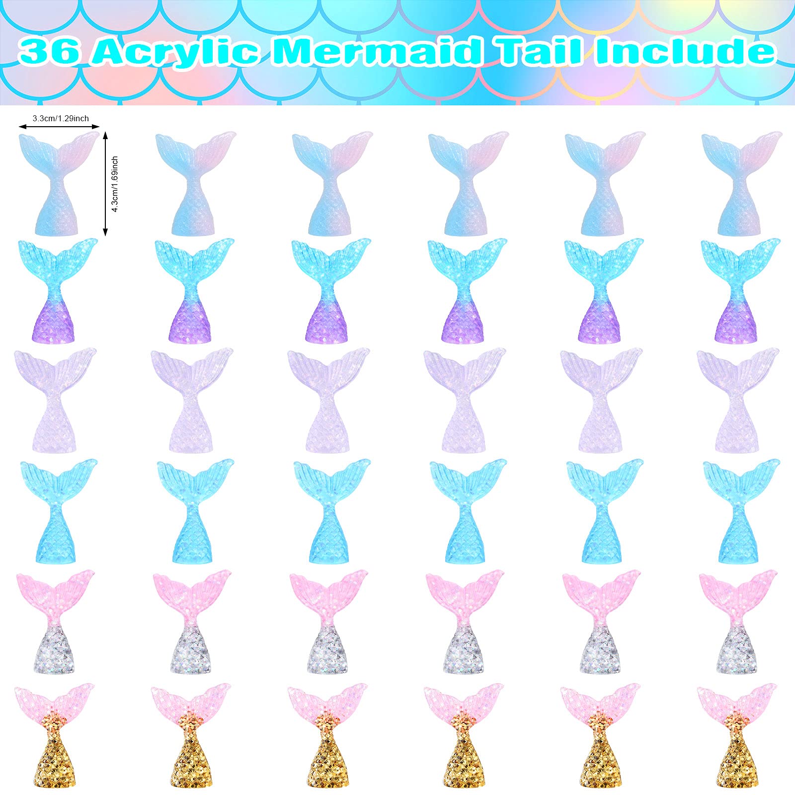 36 Pieces Acrylic Mermaid Tails Cupcake Toppers Mini Wrappers Mermaid Tail Figurines Cake Decorations for Mermaid Party Birthday Party, Baby Shower, Party Supplies Favors