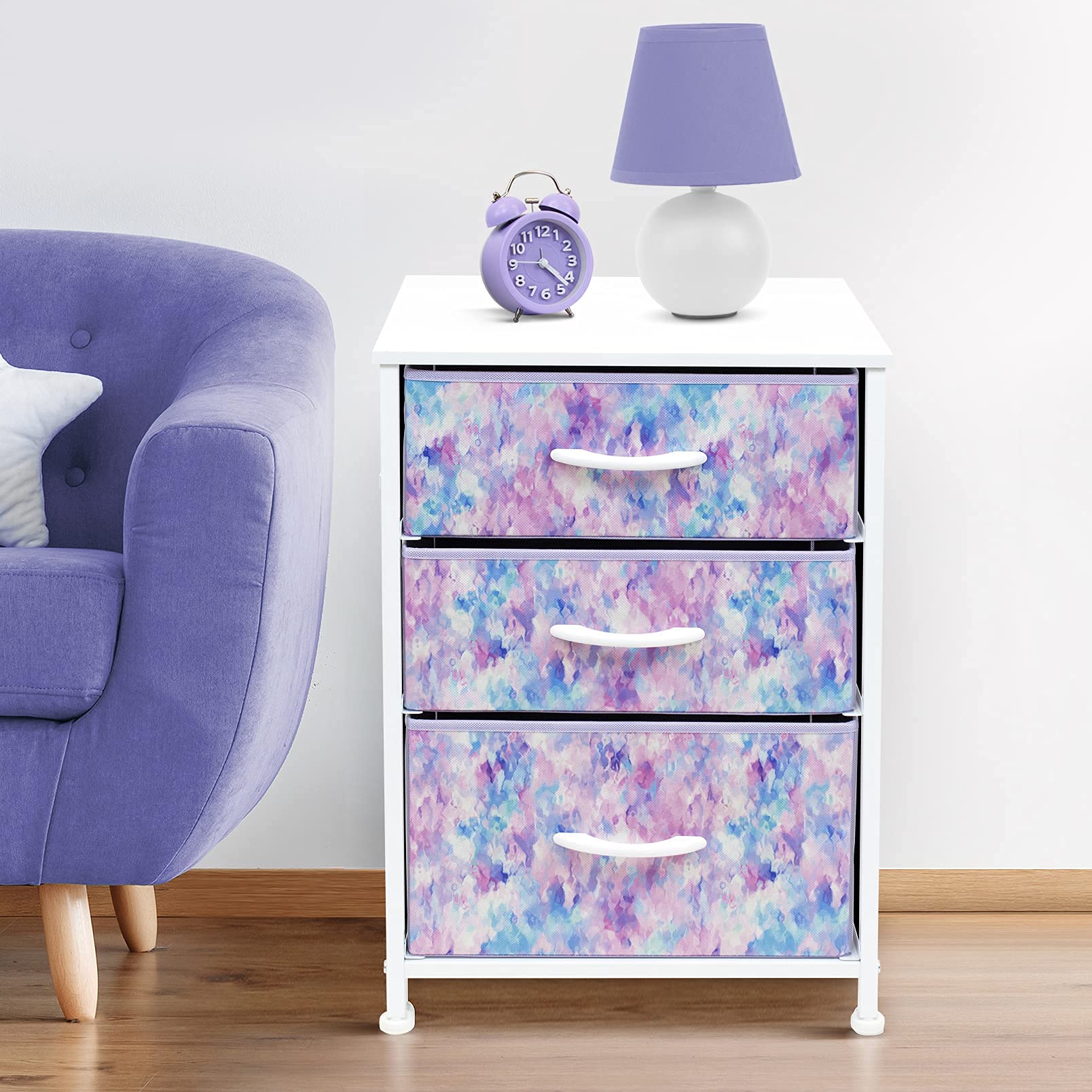 Sorbus Nightstand Storage Organizer with 3 Drawers - Kids Girls, Boys Bedroom Furniture Storage Chest for Clothes, Closet Organization - Steel Frame, Wood Top, Tie-dye Fabric Bin (Blue/Pink/Purple)