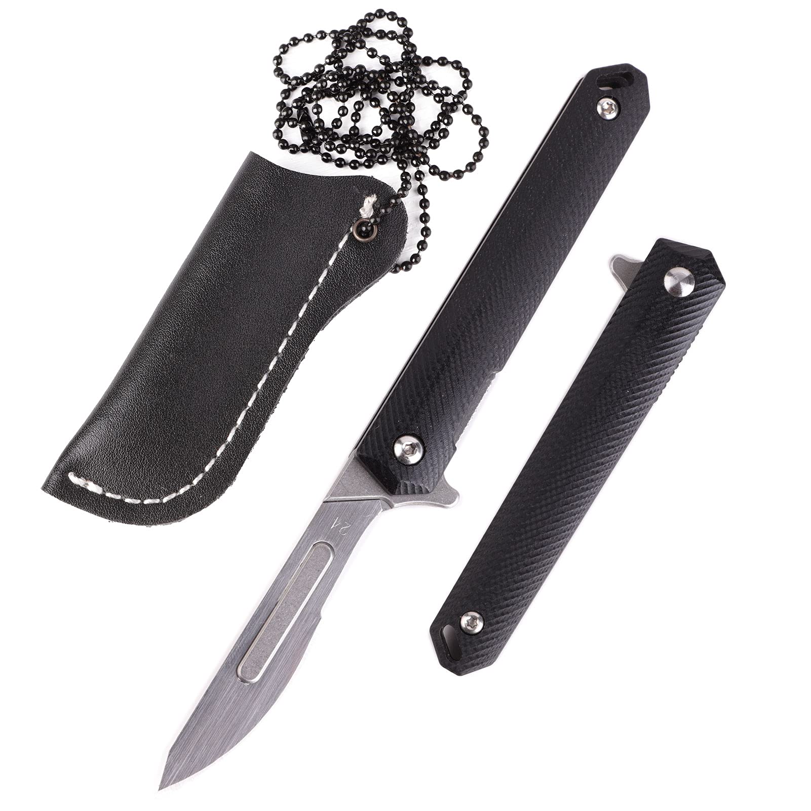 Samior S10 Mini Slim Flipper Folding Scalpel Neck Knife with 10pcs Blades, G10 Handle with Liner Lock, Utility EDC Keychain Pocket Knives with Leather Sheath (Black)