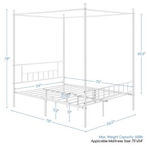 Yaheetech Metal Canopy Platform Bed Frame Four-Poster Canopied Bed Mattress Foundation with Headboard and Footboard Sturdy Slatted Structure No Box Spring Needed Easy Assembly Full White