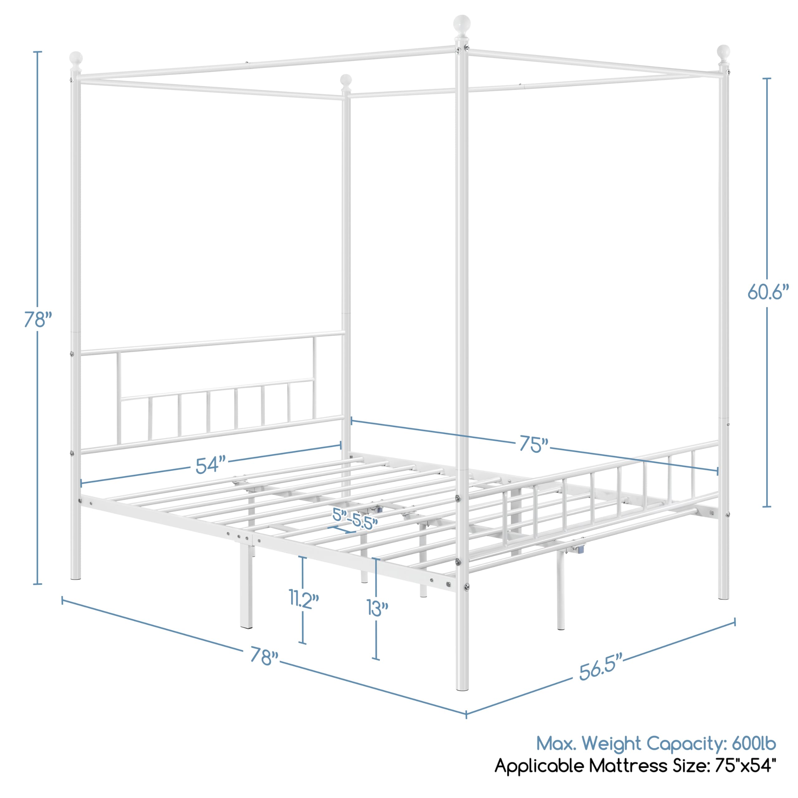 Yaheetech Metal Canopy Platform Bed Frame Four-Poster Canopied Bed Mattress Foundation with Headboard and Footboard Sturdy Slatted Structure No Box Spring Needed Easy Assembly Full White