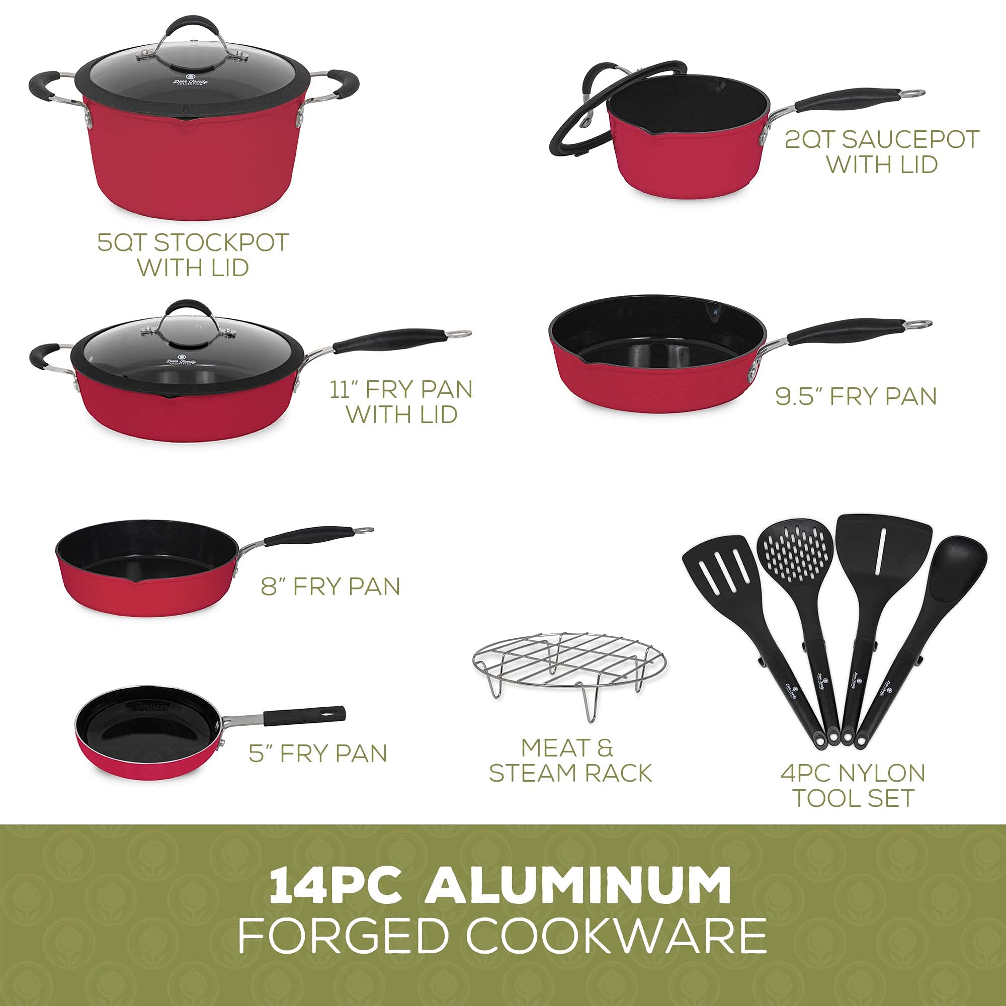 Paula Deen Family 14-Piece Ceramic, Non-Stick Cookware Set, 100% PFOA-Free and Induction Ready, Features Stay-Cool Handles, Dual Pour Spouts and Kitchen Tools (Ruby Red)