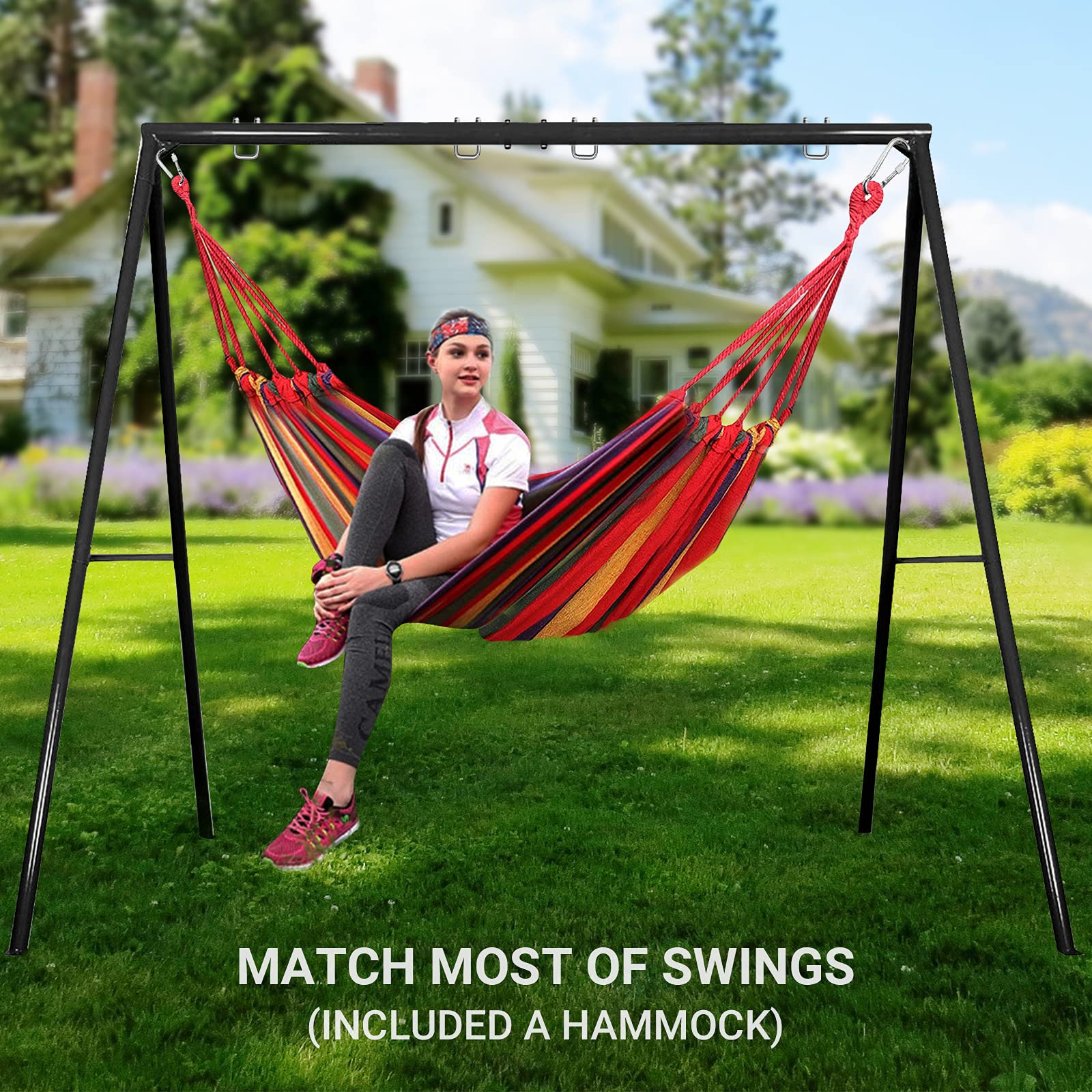 IKARE Metal Swing Frame with Hammock, Extra Large 2 in 1 Swing Stand Fits for Most Swings, Indoor and Outdoor Activities, Garden, Backyard, Playground