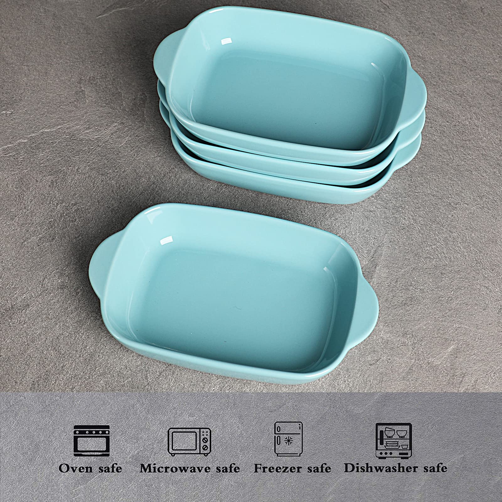 LEETOYI Ceramic Small Baking Dish 7.5-Inch Set of 4, Rectangular Bakeware with Double Handle, Baking Pans for Cooking and Cake Dinner (Turquoise)