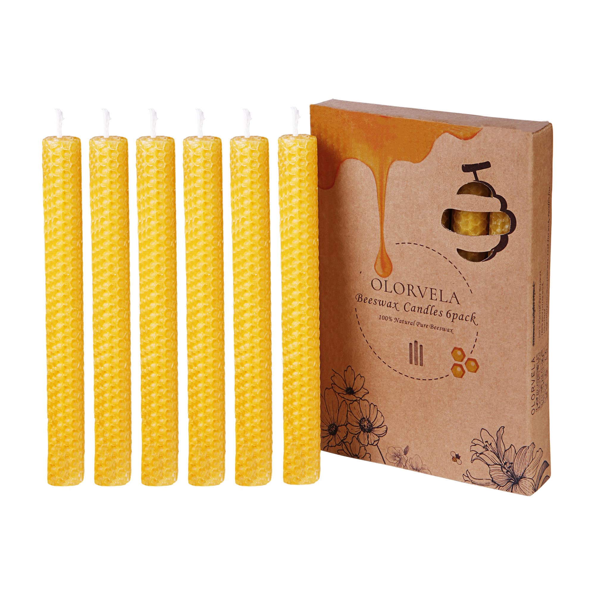 olorvela Beeswax Candles Handmade Taper Candles 6Pack 8" Hand-Rolled Candlesticks Made of 100% Pure Beeswax, Natural Scent Beeswax Tapers(Raw)