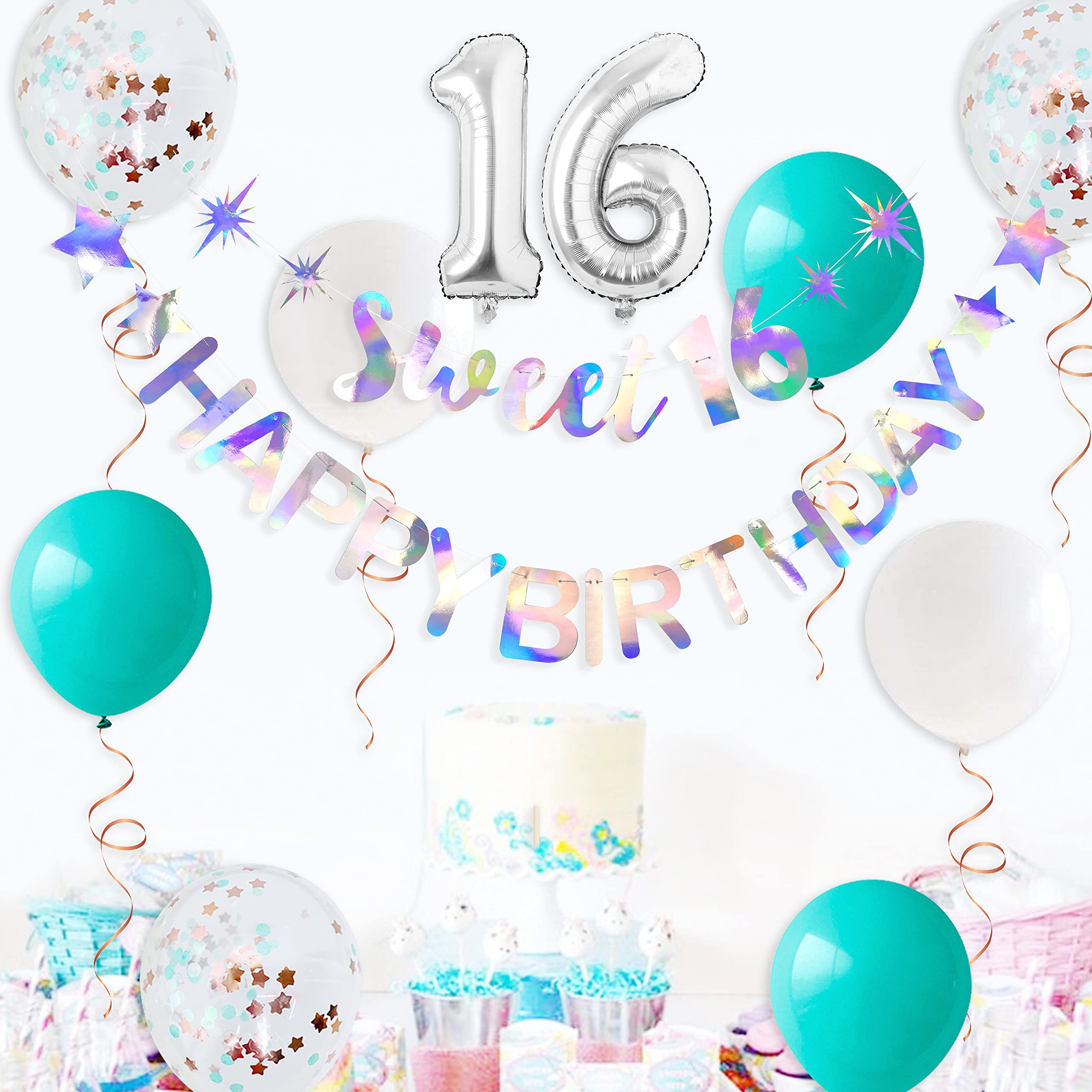 Iridescent Sweet 16 Happy Birthday Banner Garland for Sweet 16 Decorations Hanging Sweet 16 Signs for Girls 16th Birthday Party Decor 16th Happy Birthday Party Sign for Sweet Sixteen Party Supplies