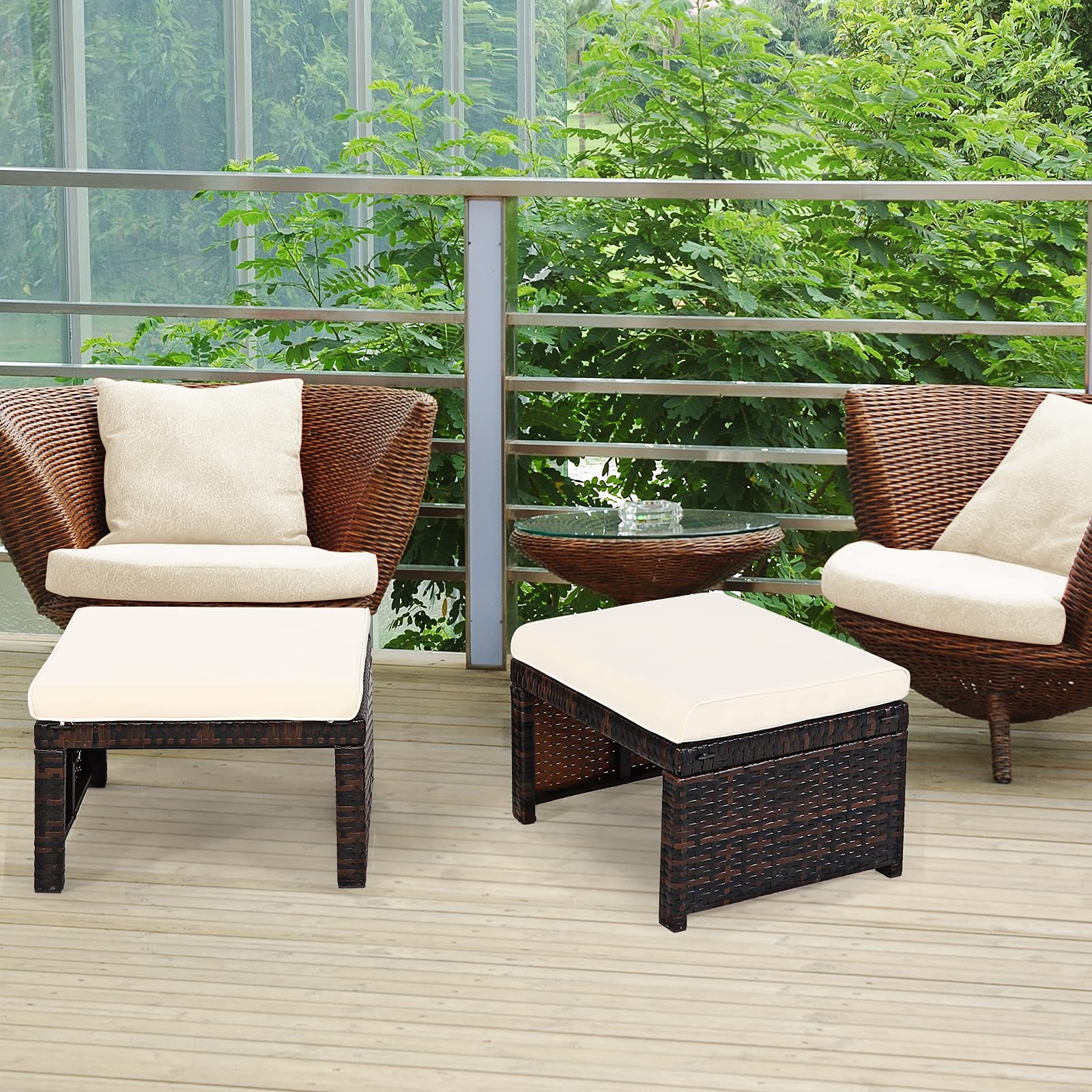 Tangkula 2 Pieces Patio Rattan Ottomans, All Weather Outdoor Footstool Footrest Seat with Soft Cushion, Hidden Zipper, High-Density Sponge, Wicker Ottoman Seat for Patio, Garden, Poolside (White)