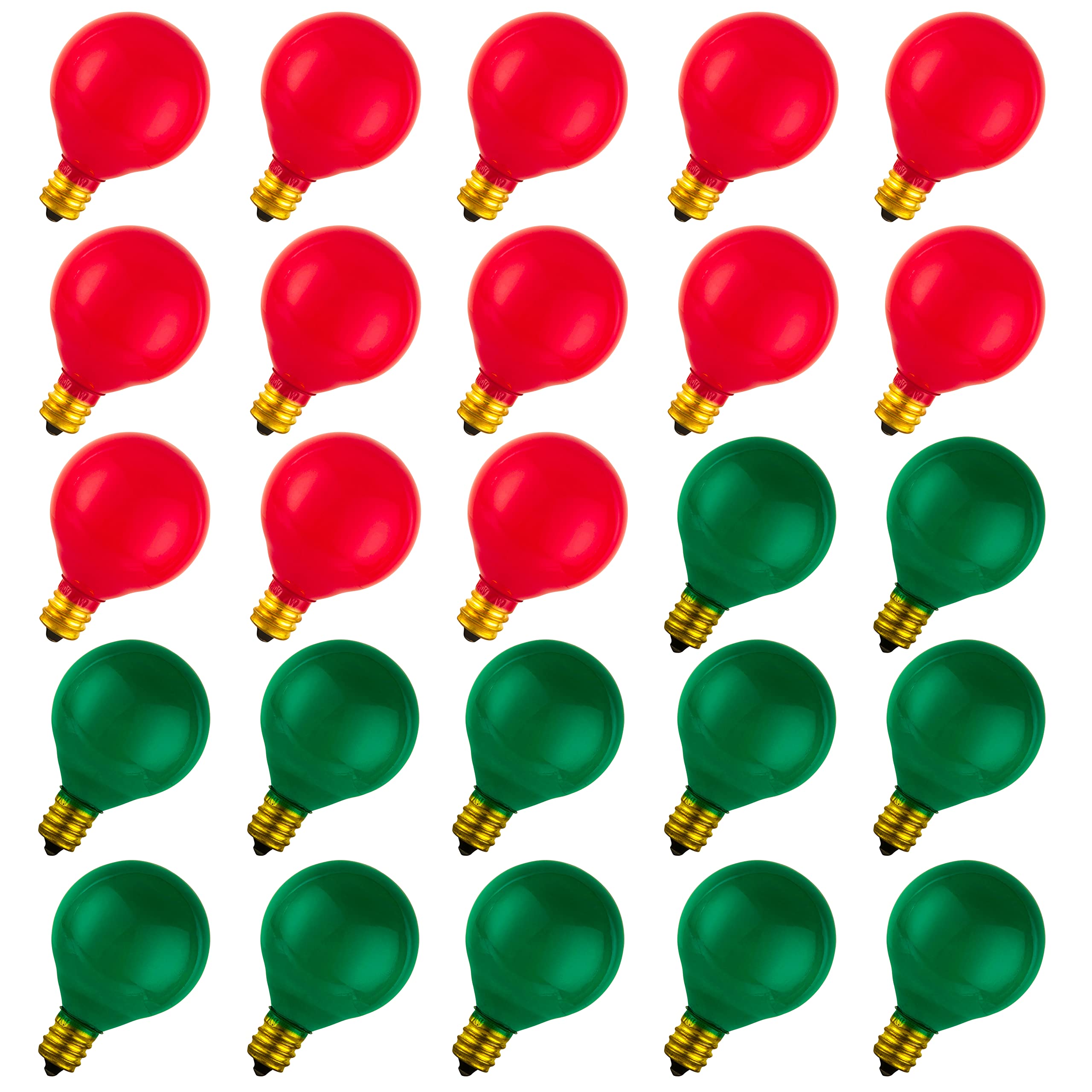 25 Pack G40 Red Light Bulb Green Light Bulb Ceramic Incandescent 5 Watt E12 Base G40 Light Bulbs Replacement for String Lights Colored Bulb Candelabra Based Red Bulb Green Bulb Christmas Bulb