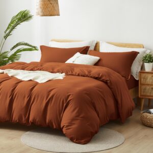 alazuria queen size duvet cover - 3 piece bedding set (1 duvet cover & 2 pillow shams) soft double brushed comforter cover w/zipper closure & corner ties - no comforter (90" x 90", burnt orange)