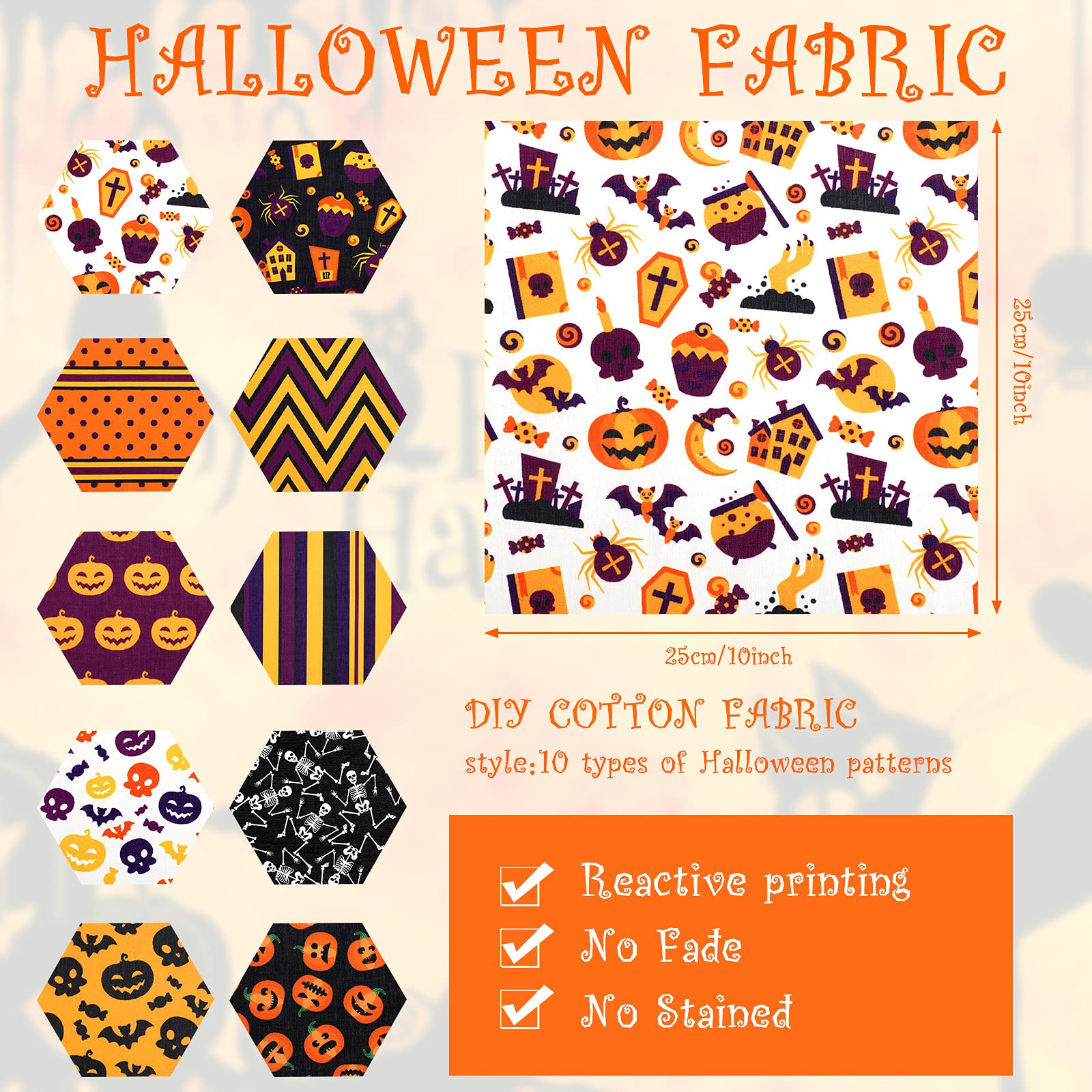 20 Pieces 10 x 10 Inch Halloween Fabric Quilting Bat Pumpkin Skull Print Patchwork Squares Craft Bundle Mixed Pattern Fabric Halloween Theme Decorative Fabric for DIY Halloween Decor (Stylish Style)