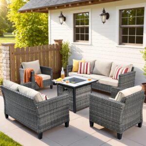 xizzi 5 pieces outdoor wicker patio furniture set, all-weather rattan conversation set with cushions, ideal for garden, patio, or backyard, grey wicker grey cushion