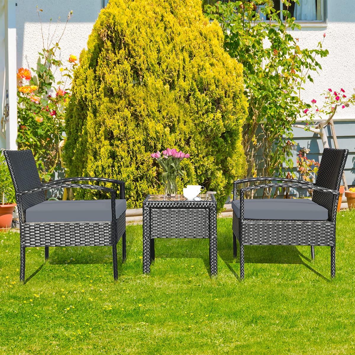 HAPPYGRILL 3 Pieces Patio Conversation Set Outdoor Wicker Furniture Set Rattan Table Chairs Set with Seat Cushions Modern Bistro Set with Coffee Table for Garden Balcony Backyard