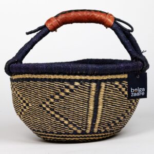 bolga zaare market basket, handmade in ghana by women artisans, natural + midnight color, large, 16"-18" diameter x 9"-10" h, red handle (1 basket)