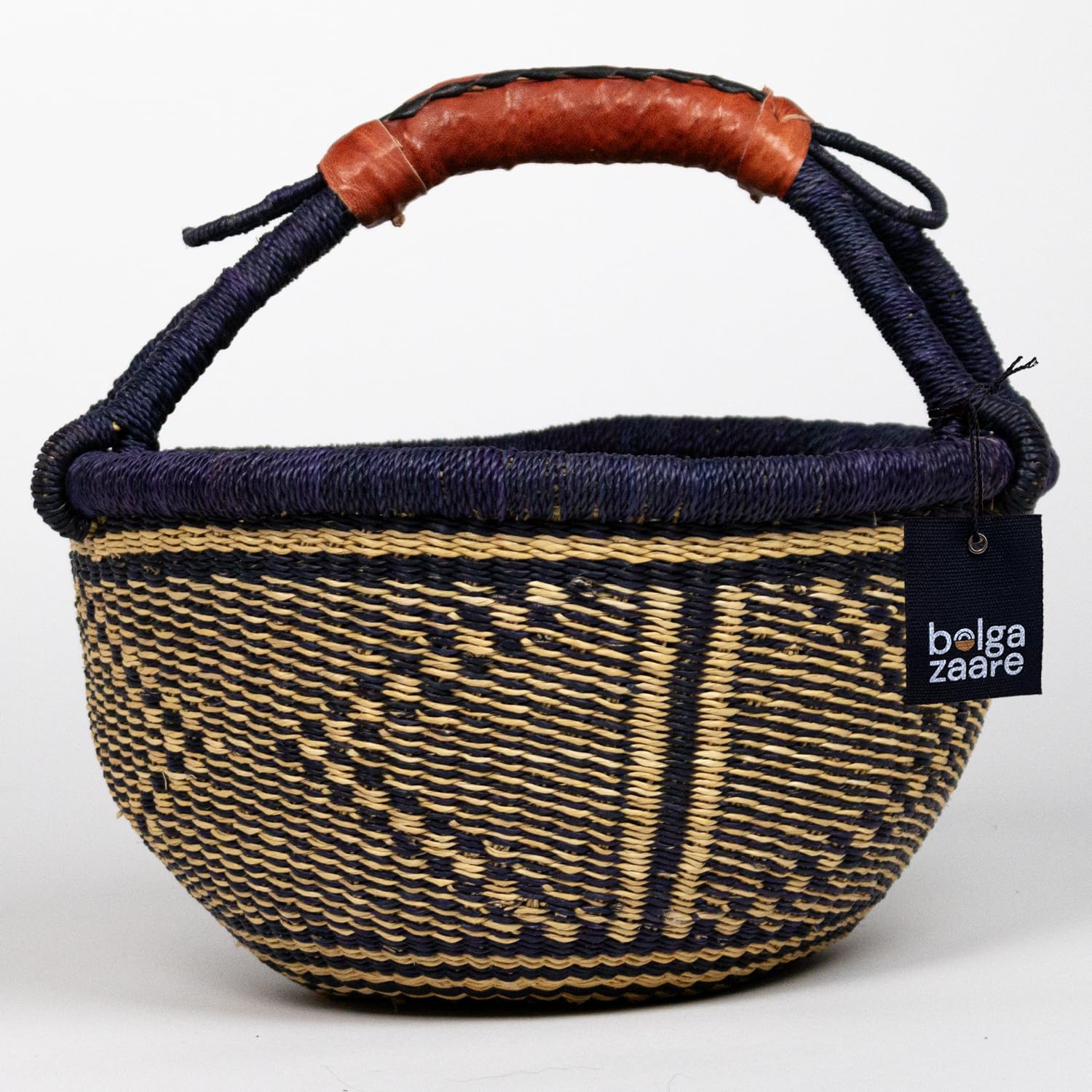 Bolga Zaare Market Basket, Handmade in Ghana by Women Artisans, Natural + Midnight Color, LARGE, 16"-18" Diameter x 9"-10" H, RED HANDLE (1 basket)