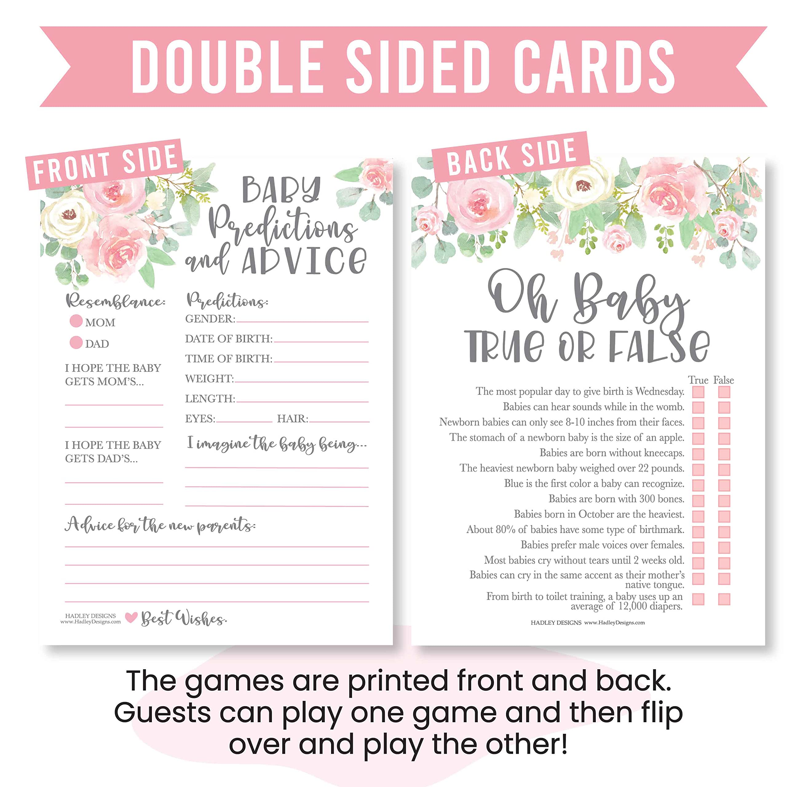 Hadley Designs Floral Baby Shower Games For Girls - 50 cards, Two 25-game sets, 4 Games Double Sided, Baby Prediction And Advice Cards, Baby Trivia, True Or False Baby Game, Baby Word Scramble Game