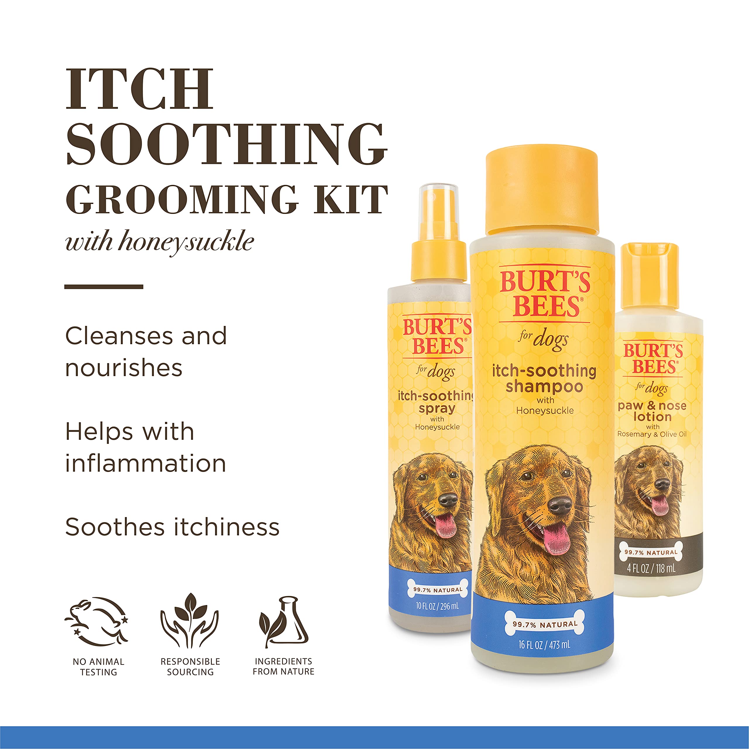 Burt's Bees Bundle Itch Soothing Grooming Kit - Includes Natural Itch Soothing Shampoo & Itch Soothing Spray with Honeysuckle, and Paw & Nose Lotion with Rosemary & Olive Oil - Made in The USA