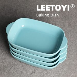 LEETOYI Ceramic Small Baking Dish 7.5-Inch Set of 4, Rectangular Bakeware with Double Handle, Baking Pans for Cooking and Cake Dinner (Turquoise)