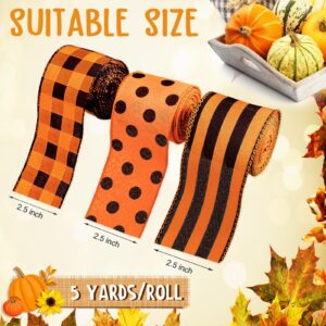 Wiaxin 3 Rolls Orange and Black Wired Ribbon Thanksgiving Buffalo Plaid Ribbon Fall Gingham Ribbon Dot Pattern Striped Ribbons for Halloween Christmas DIY Crafts Party Decor, 2.5 Inch x 15 Yards