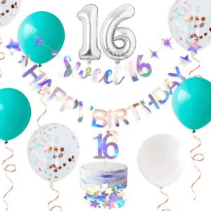 iridescent sweet 16 happy birthday banner garland for sweet 16 decorations hanging sweet 16 signs for girls 16th birthday party decor 16th happy birthday party sign for sweet sixteen party supplies