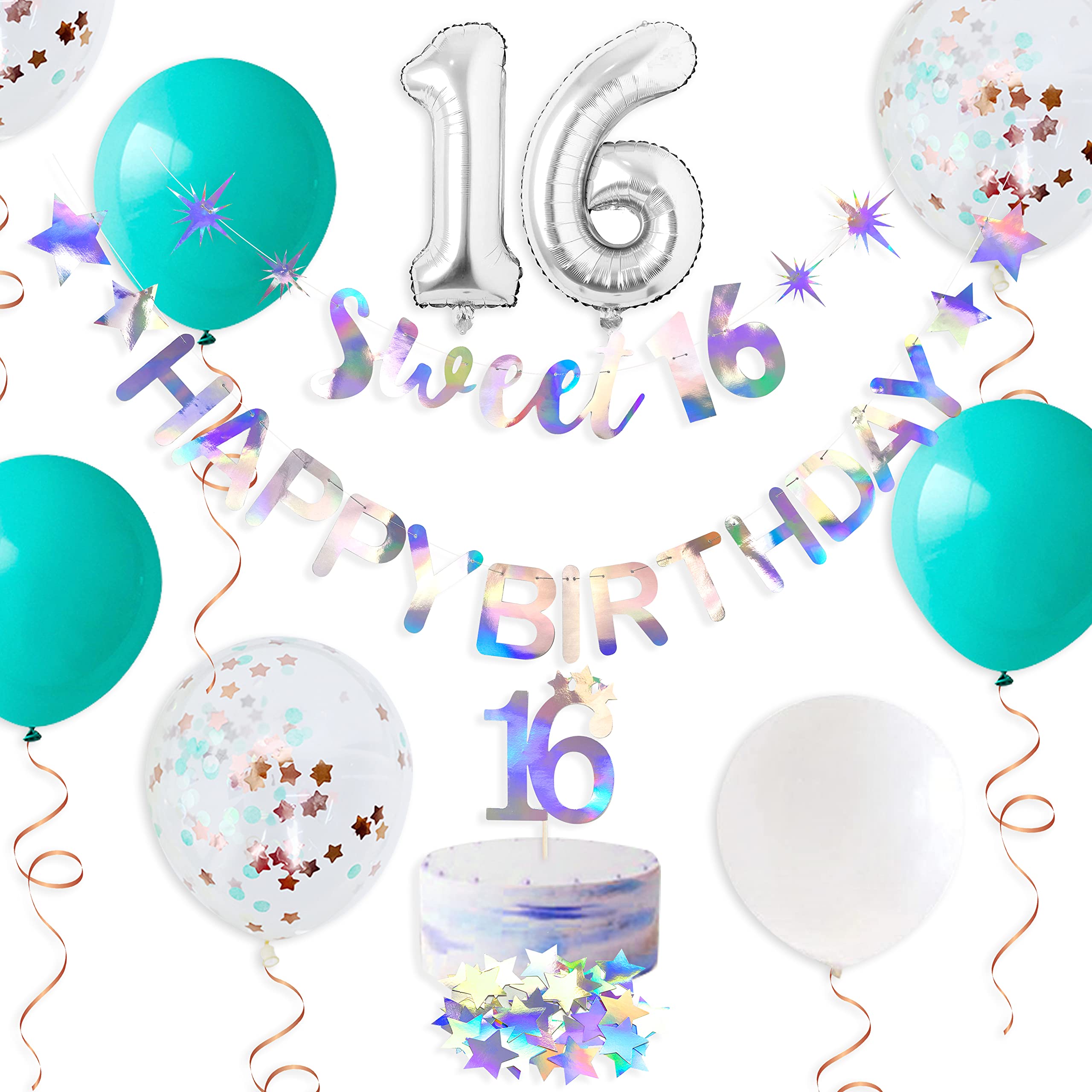 Iridescent Sweet 16 Happy Birthday Banner Garland for Sweet 16 Decorations Hanging Sweet 16 Signs for Girls 16th Birthday Party Decor 16th Happy Birthday Party Sign for Sweet Sixteen Party Supplies