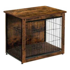 dwanton dog crate furniture with cushion, wooden dog crate with double doors, dog furniture, dog kennel indoor for small/medium/large dog，end table, small, 27.2" l, rustic brown