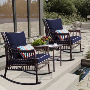 decmico outdoor rocking chairs 3 pieces patio conversation front porch furniture, wicker rocking chairs bistro set with coffee table for garden and balcony (brown rattan royal blue cushion)